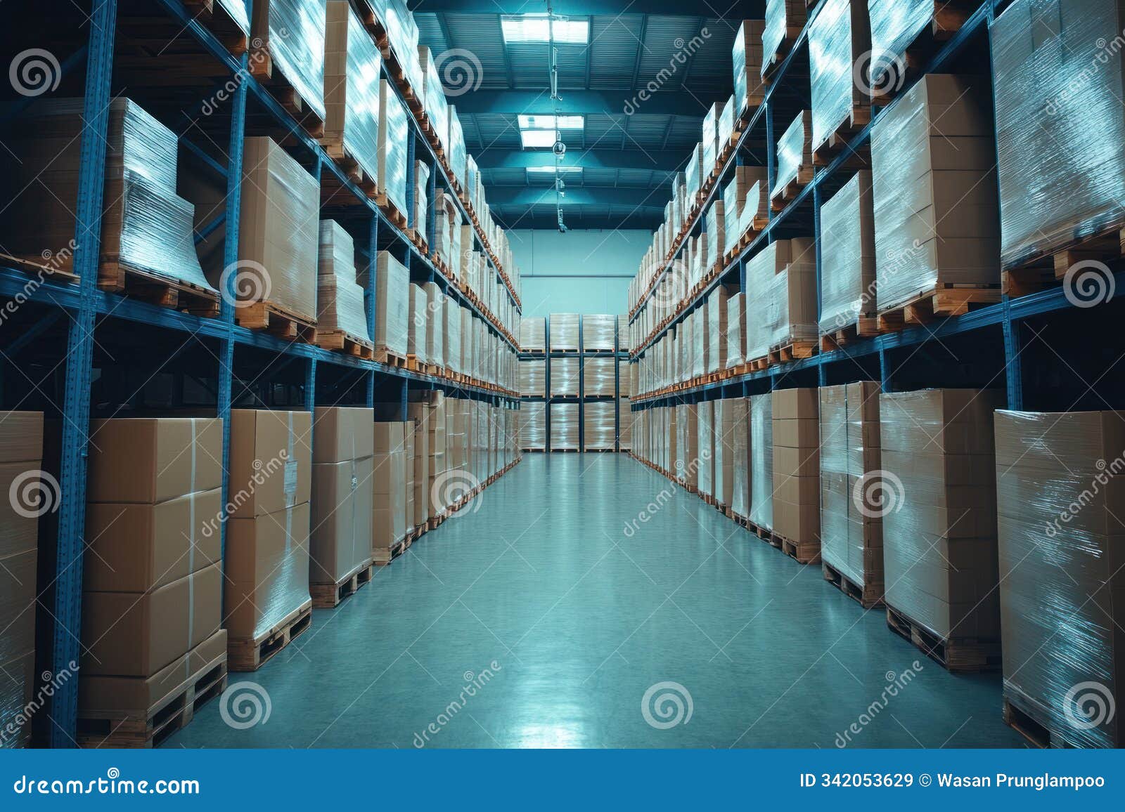 Warehouse Interior with Tall Shelves Filled with Stacked Cardboard ...