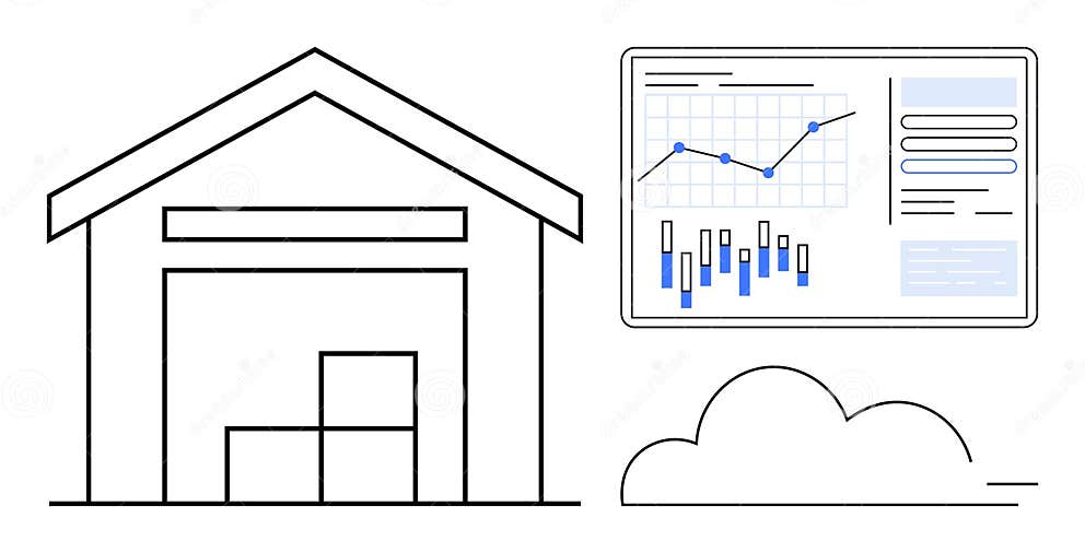 Warehouse with Inventory and Analytics Dashboard Displaying Graphs ...