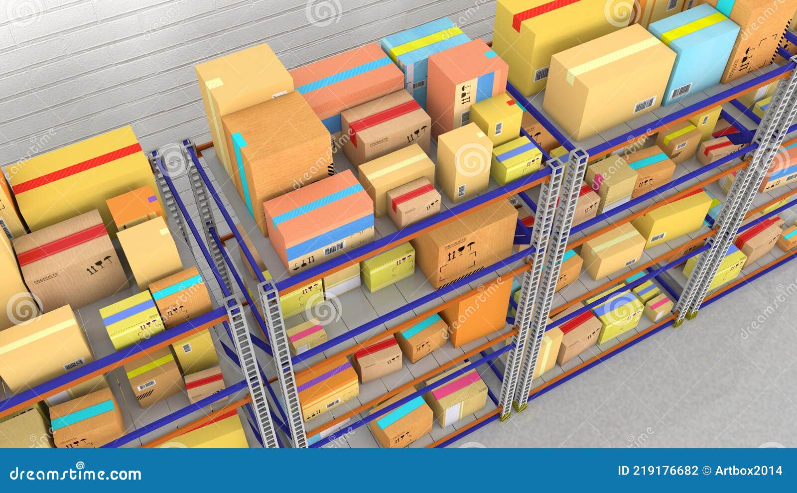 Warehouse with Iron Racks and Boxes on Them. 3d Render Stock ...