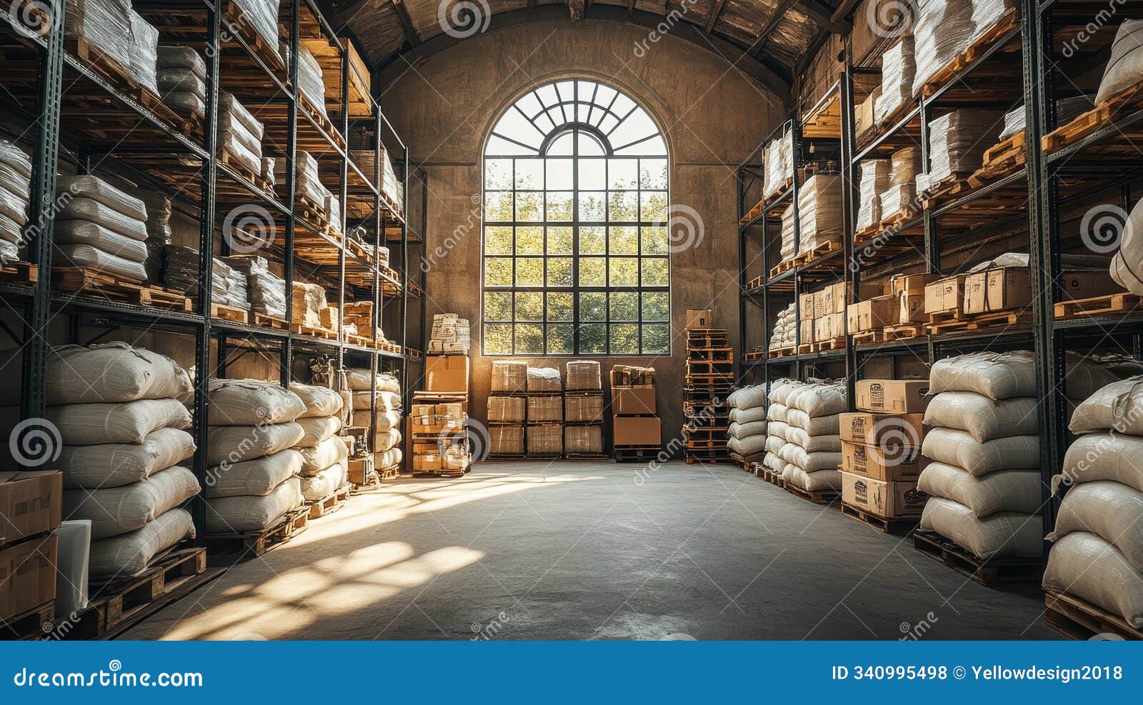 Warehouse with Large Windows and Stacks of Packaged Goods in Rustic ...