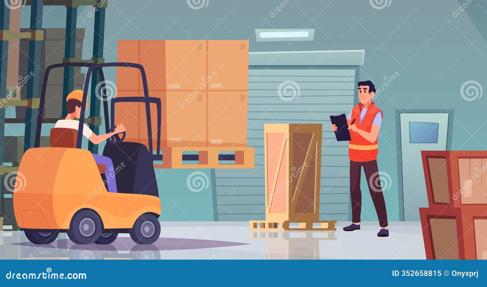 Warehouse. Loader with Packages on Pallet and Manager Checking Cargo ...