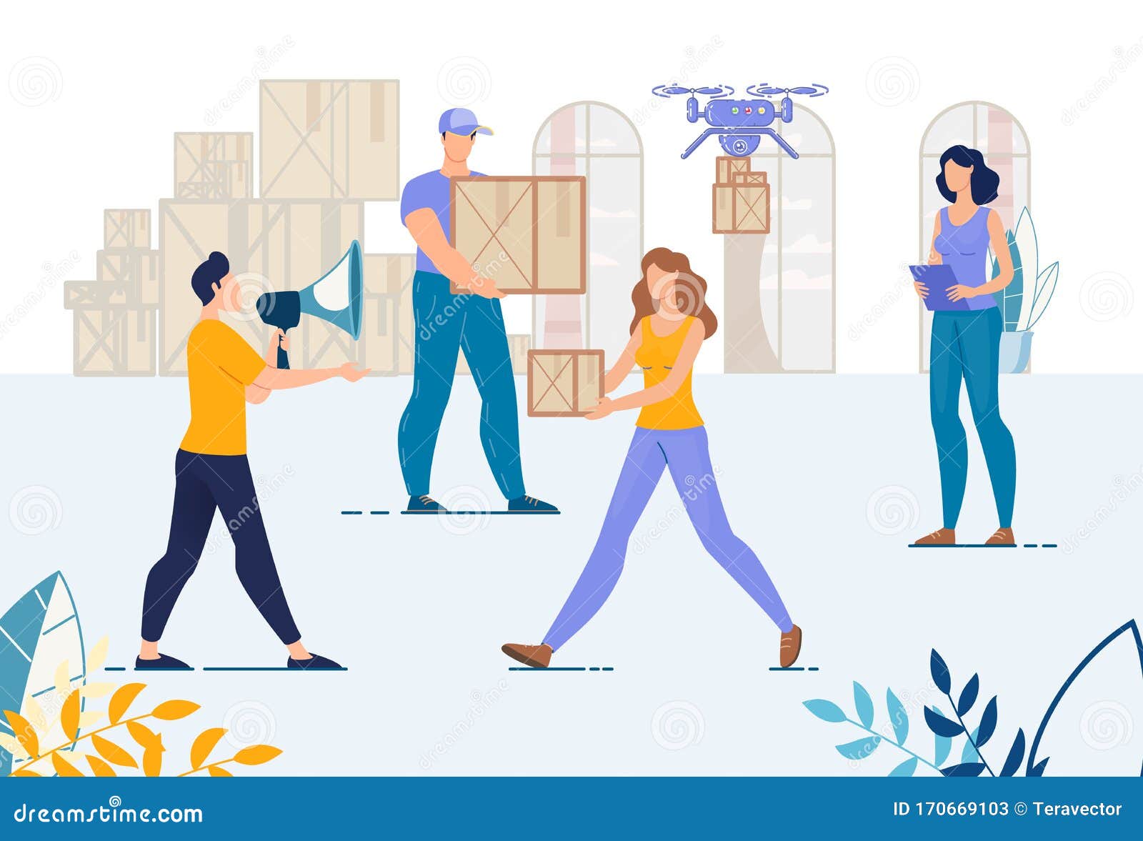 Warehouse, Loaders Team, Logistic Working Process Cartoon Vector ...