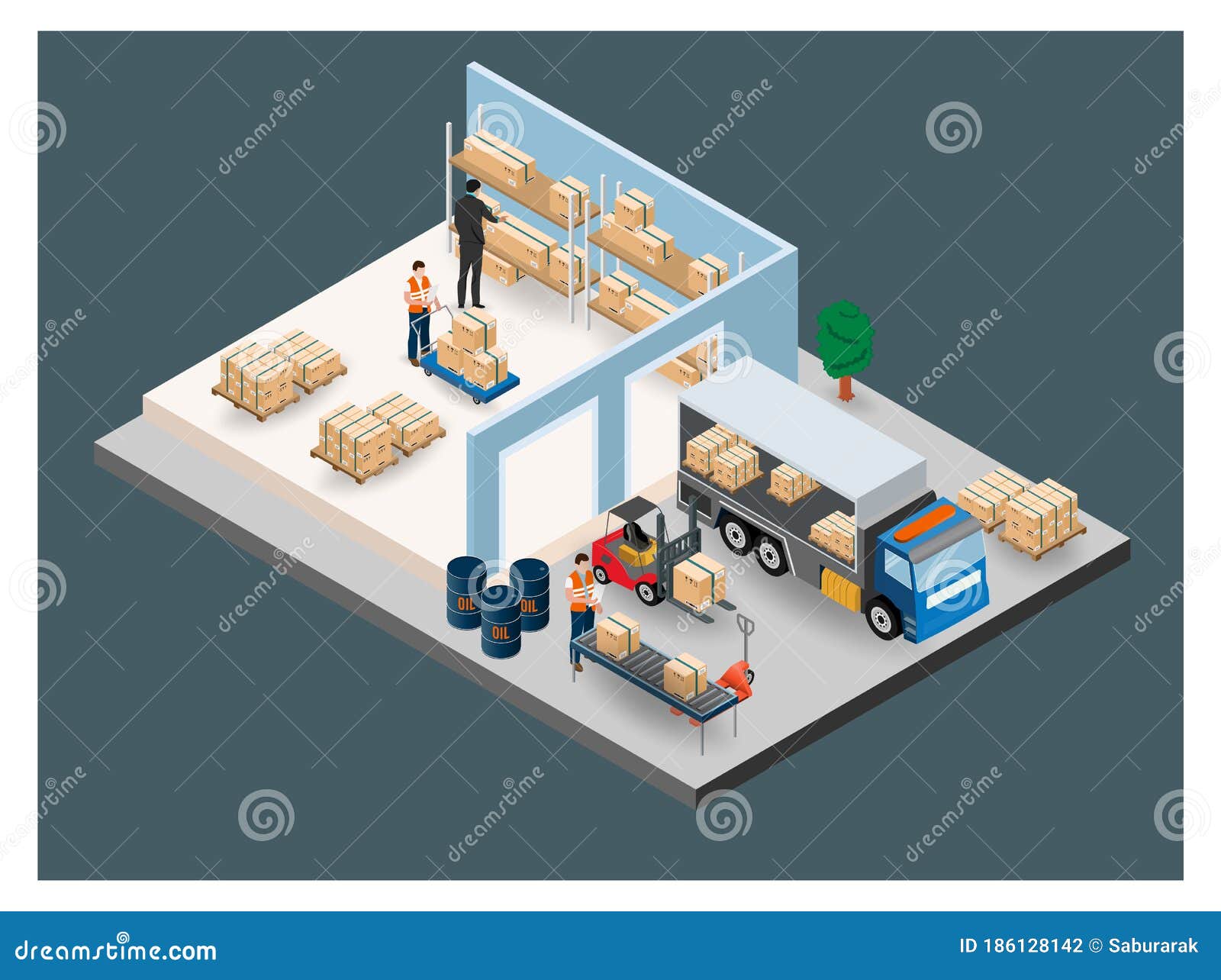 Warehouse Logistic with Workers Loading Products on the Trucks and ...