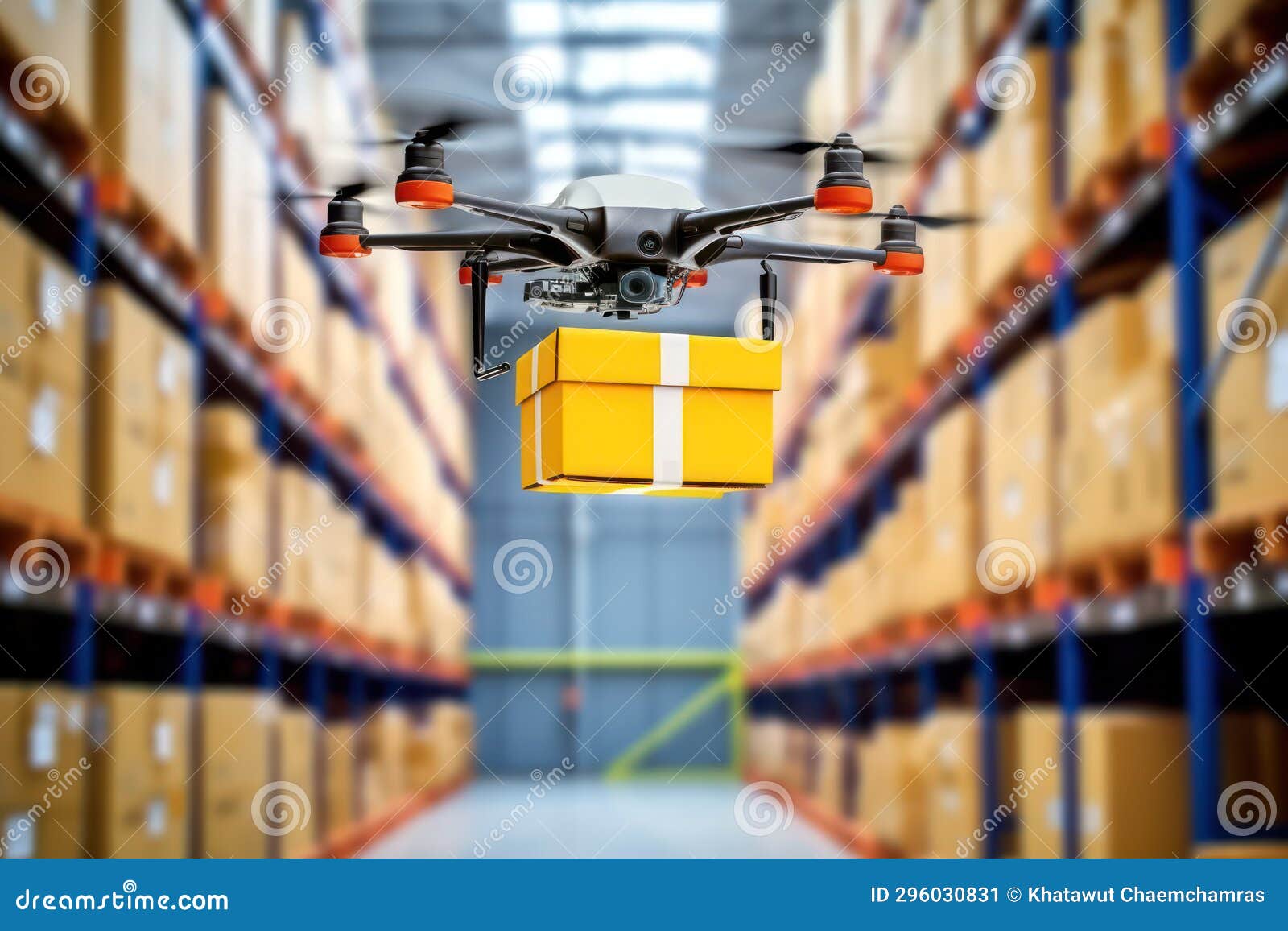 Warehouse Logistics, Drone Transporting Small Parcel Indoors Stock ...