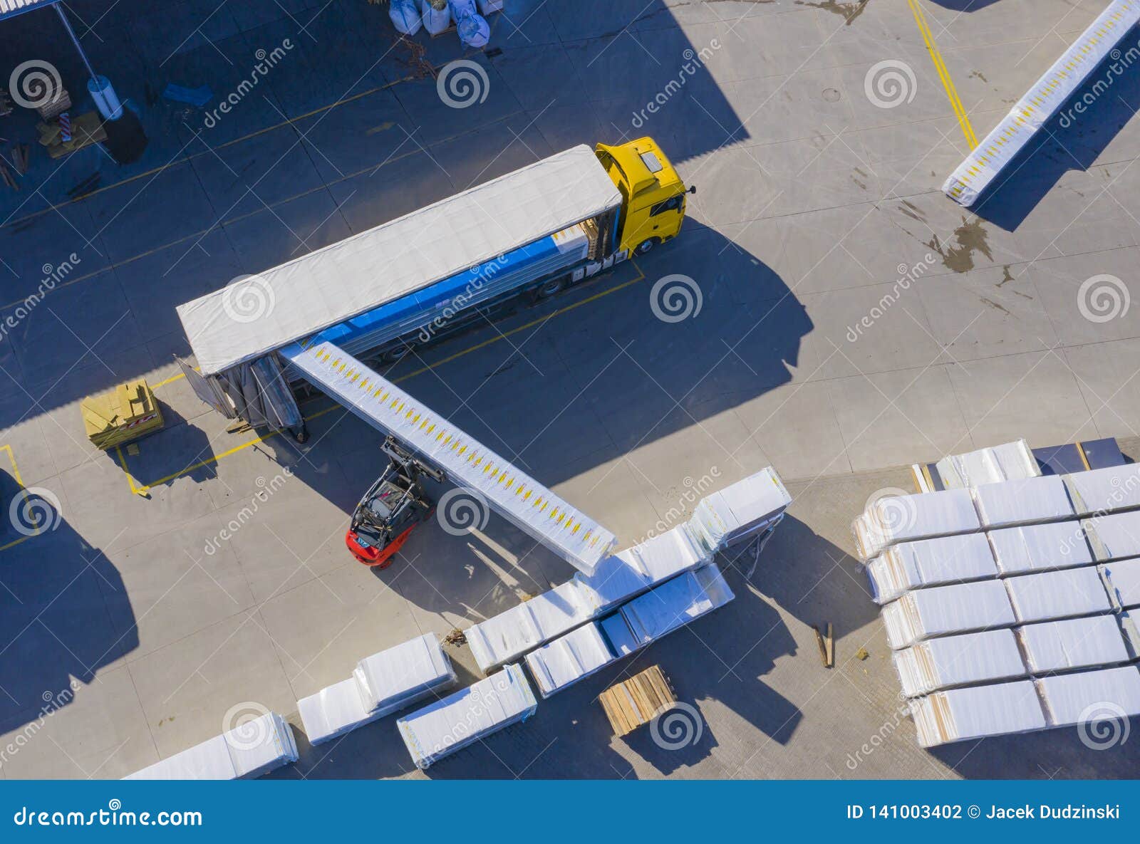 Warehouse Man Worker with Forklift. Loading Trucks Stock Photo - Image ...