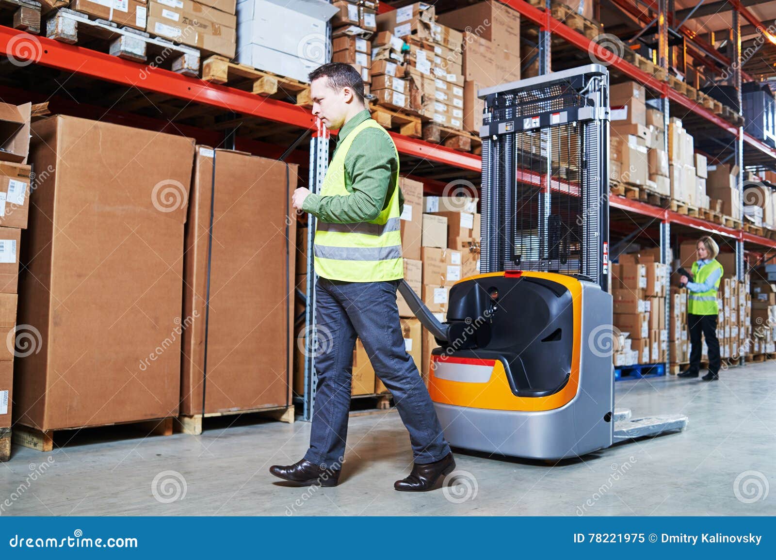 Warehouse Management System. Workers with Barcode Scanner and Stacker ...