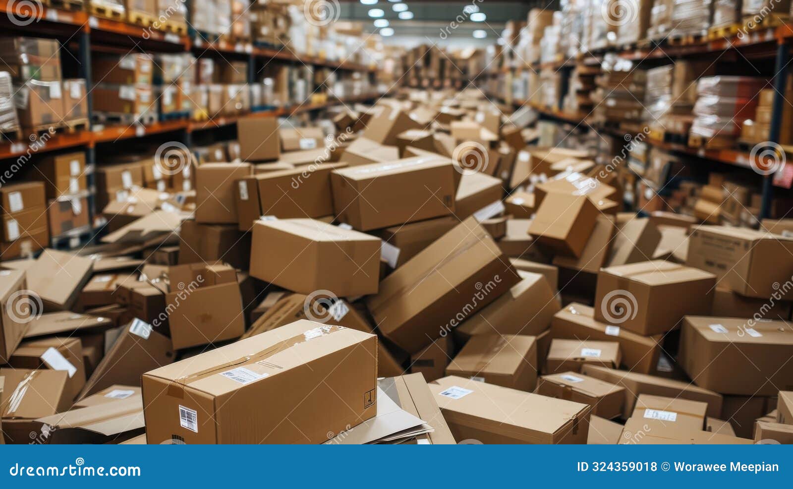 A Warehouse with Many Boxes Stacked on Shelves Stock Photo - Image of ...
