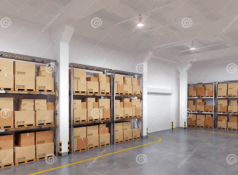 Warehouse with Many Racks and Boxes Stock Illustration - Illustration ...