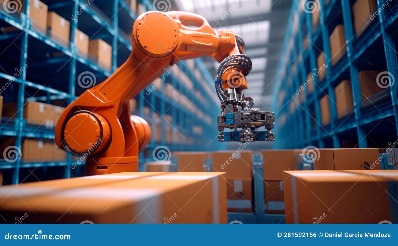 Warehouse Mechanical Robotic Arm Meticulously Arranging Boxes ...