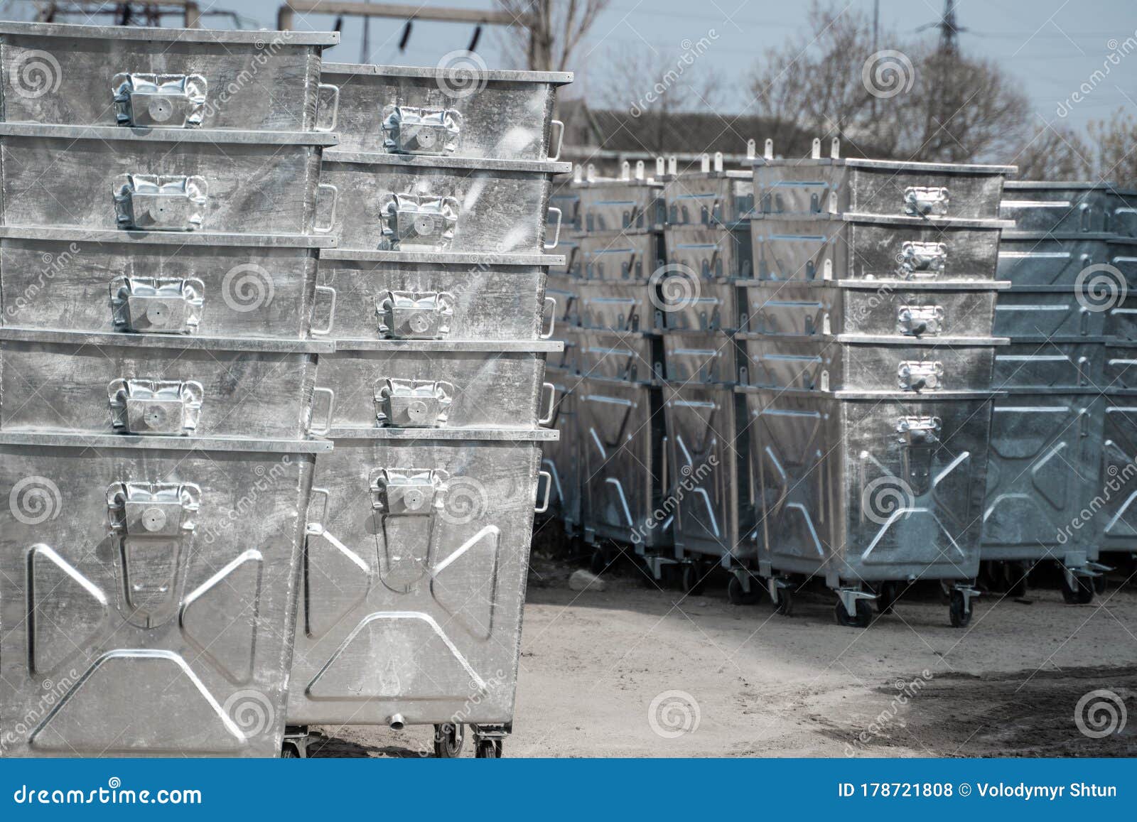 Warehouse of a New Silver Garbage Containers. Stock Photo - Image of ...