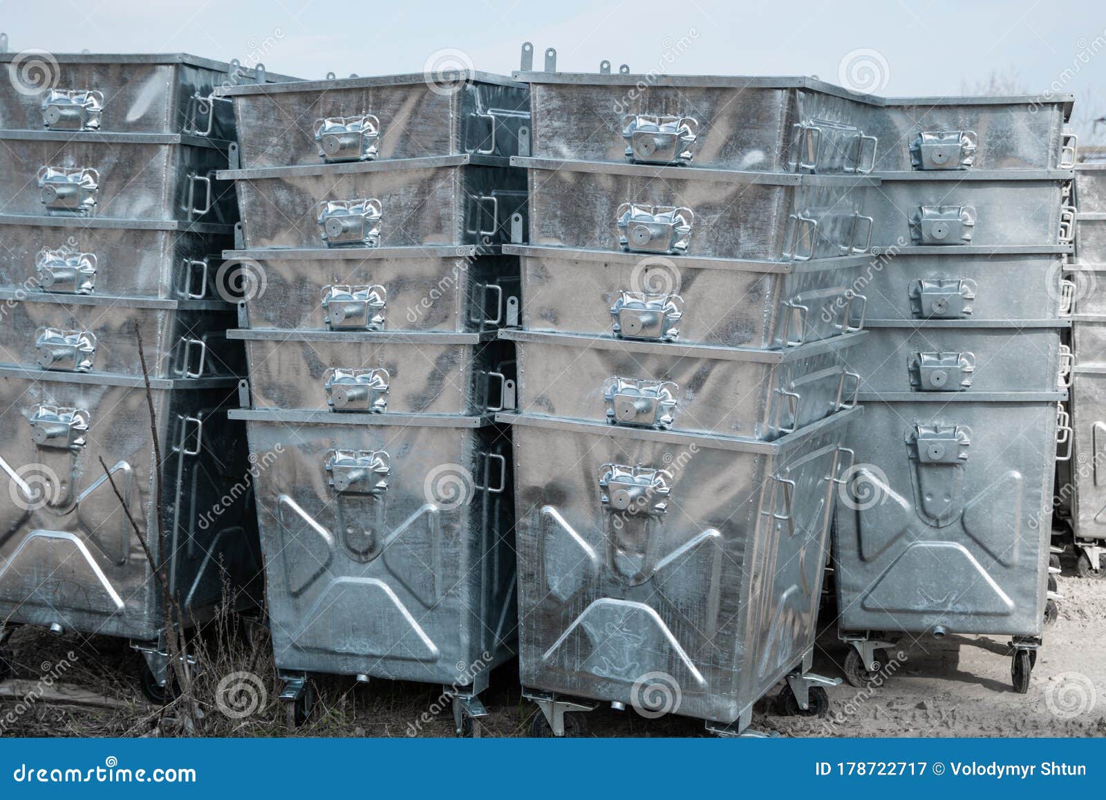 Warehouse of a New Silver Garbage Containers. Stock Image - Image of ...