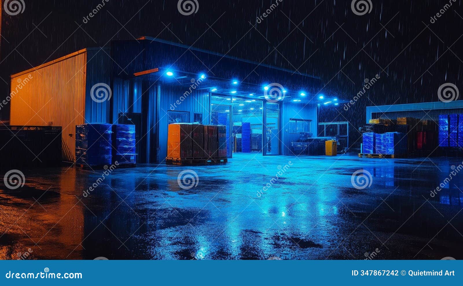 Warehouse at Night with Rainfall Illuminated by Blue Lights Stock Photo ...