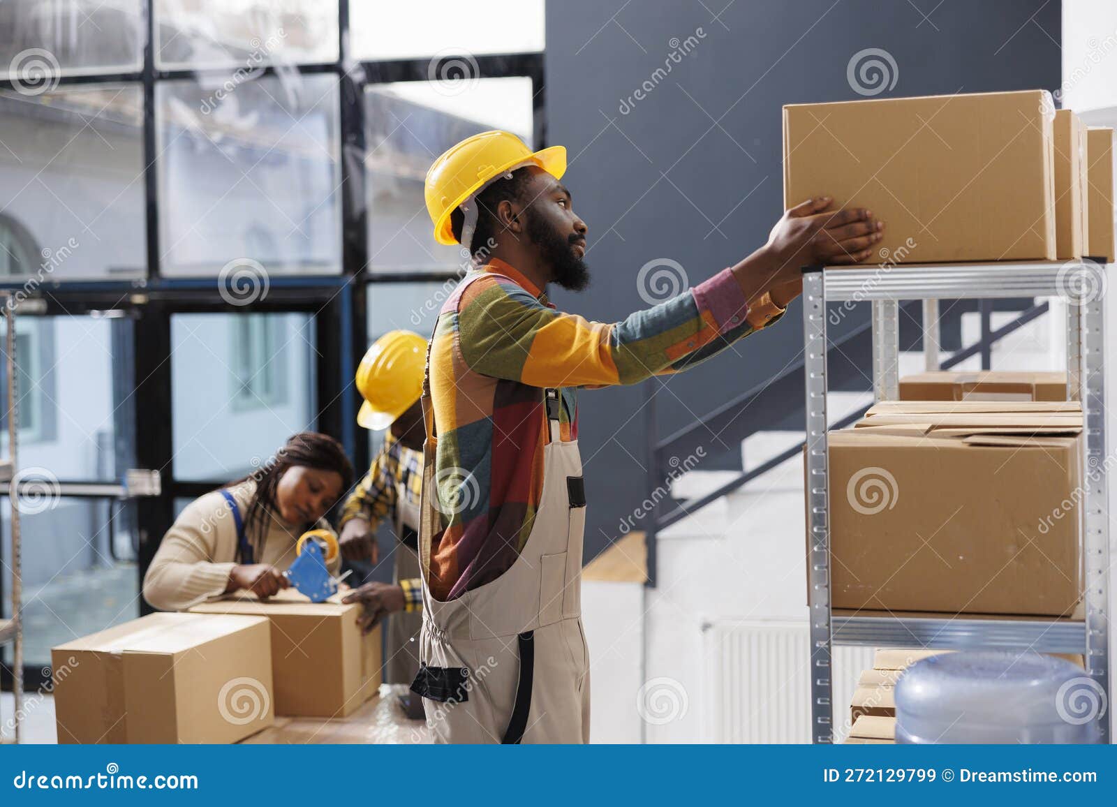 Warehouse Package Handler Choosing Cardboard Box on Shelf Stock Image ...