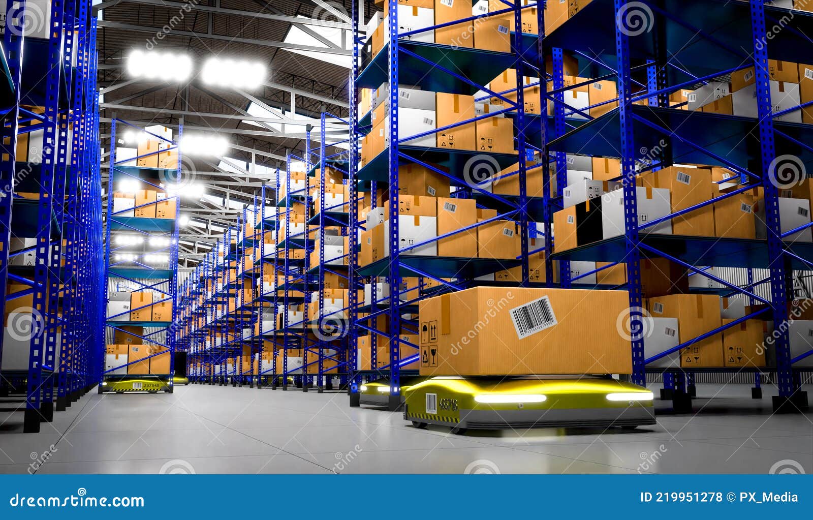 Warehouse with Packages, Rack Shelves and Robots Stock Illustration ...