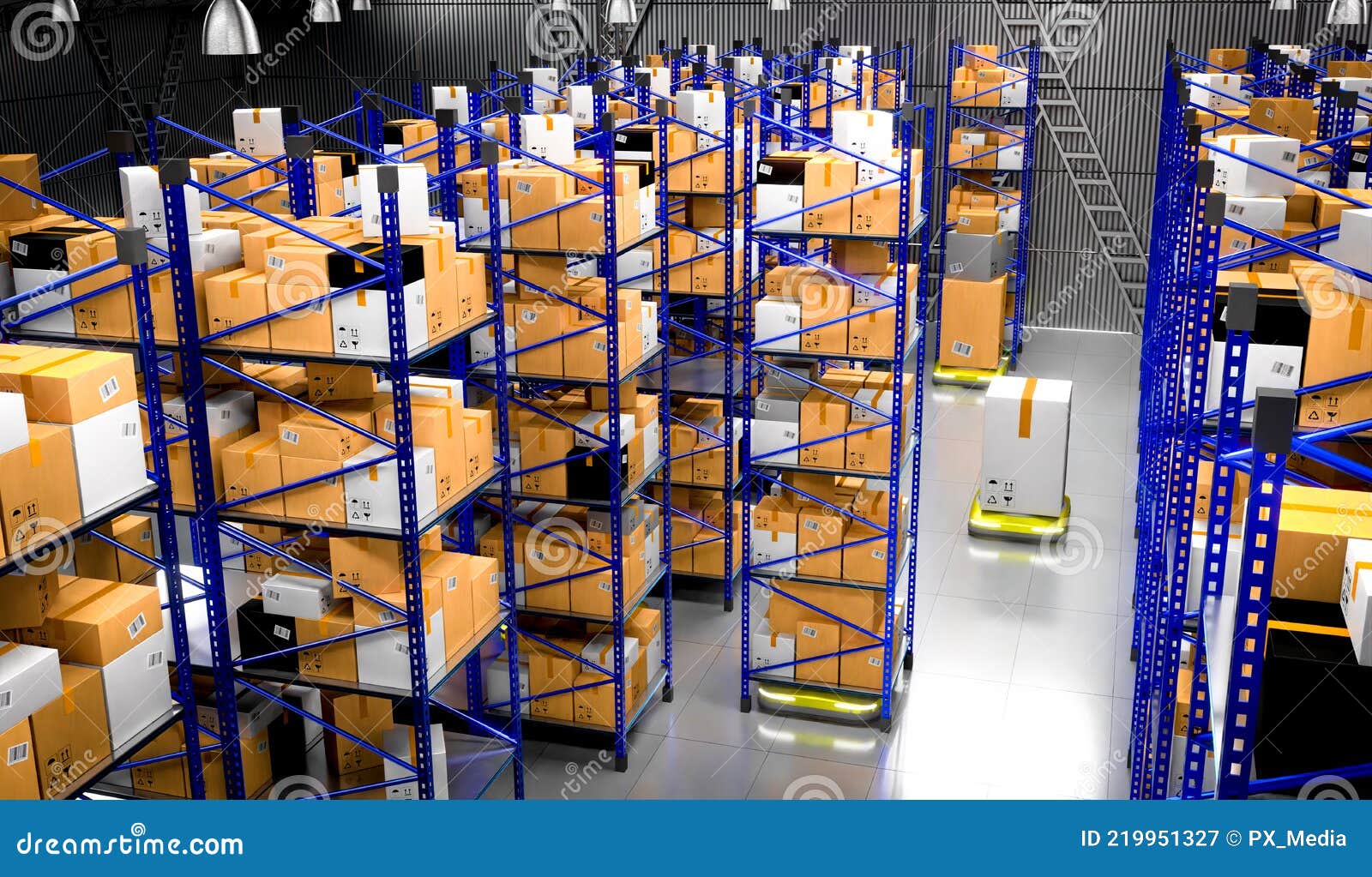 Warehouse with Packages, Rack Shelves and Robots Stock Illustration ...