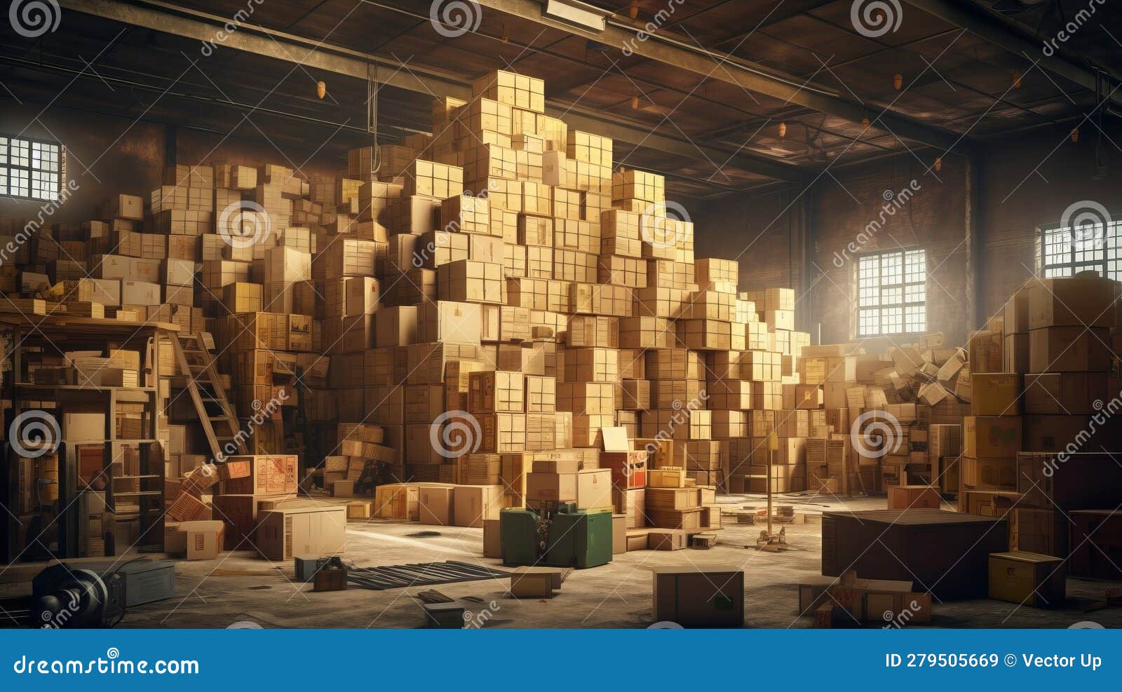 Warehouse with Pile of Cardboxes. Generative AI Stock Illustration ...