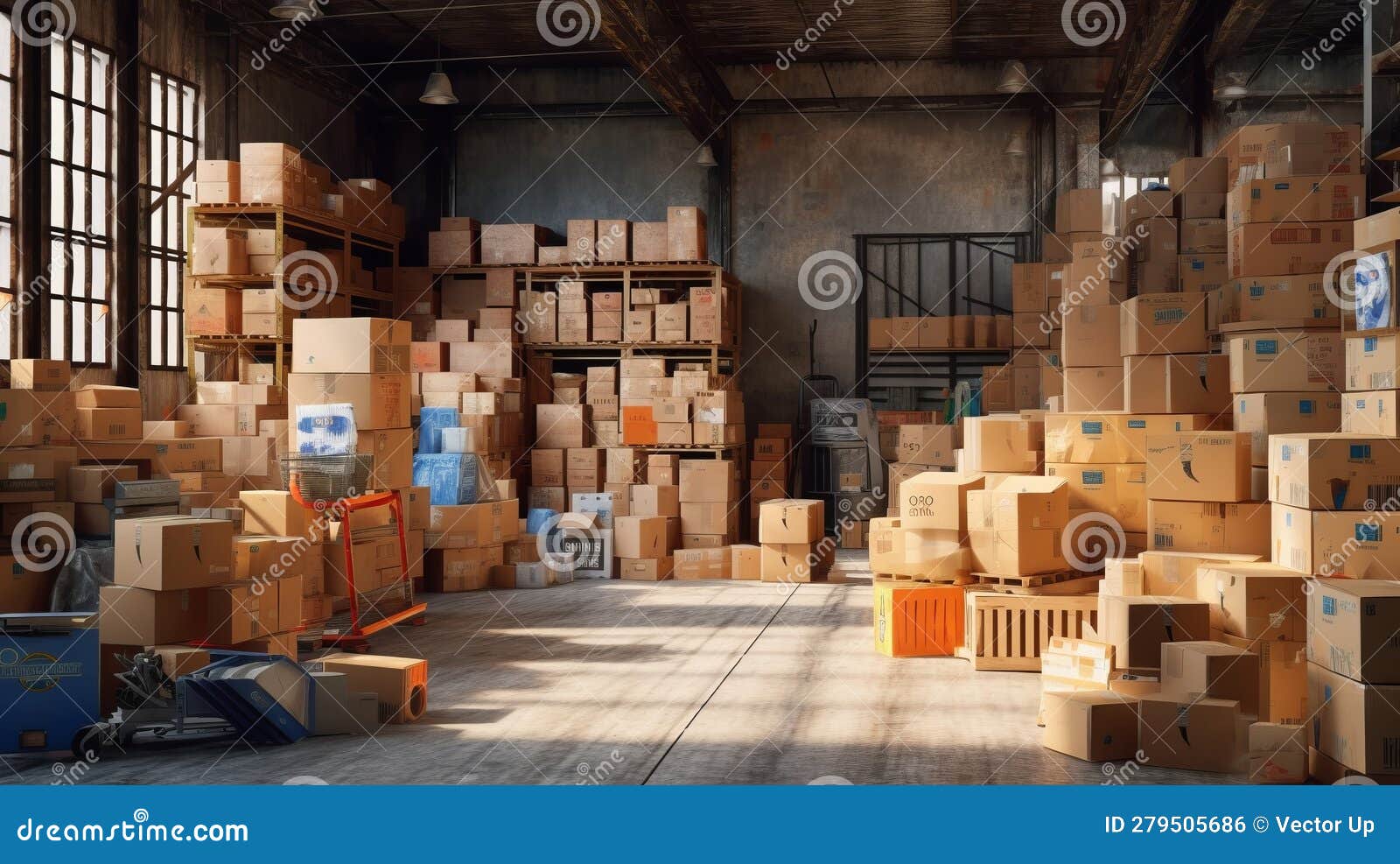Warehouse with Pile of Cardboxes. Generative AI Stock Illustration ...