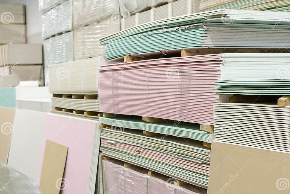 Warehouse with Plasterboard. Sheets of Plasterboard on Pallets Stock ...