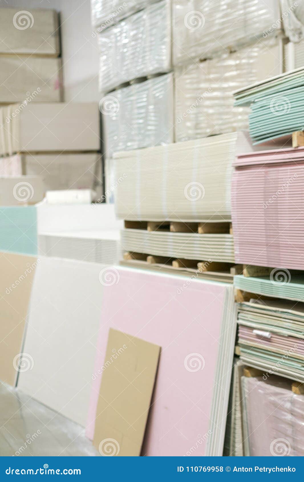 Warehouse with Plasterboard. Sheets of Plasterboard on Pallets. Stock ...