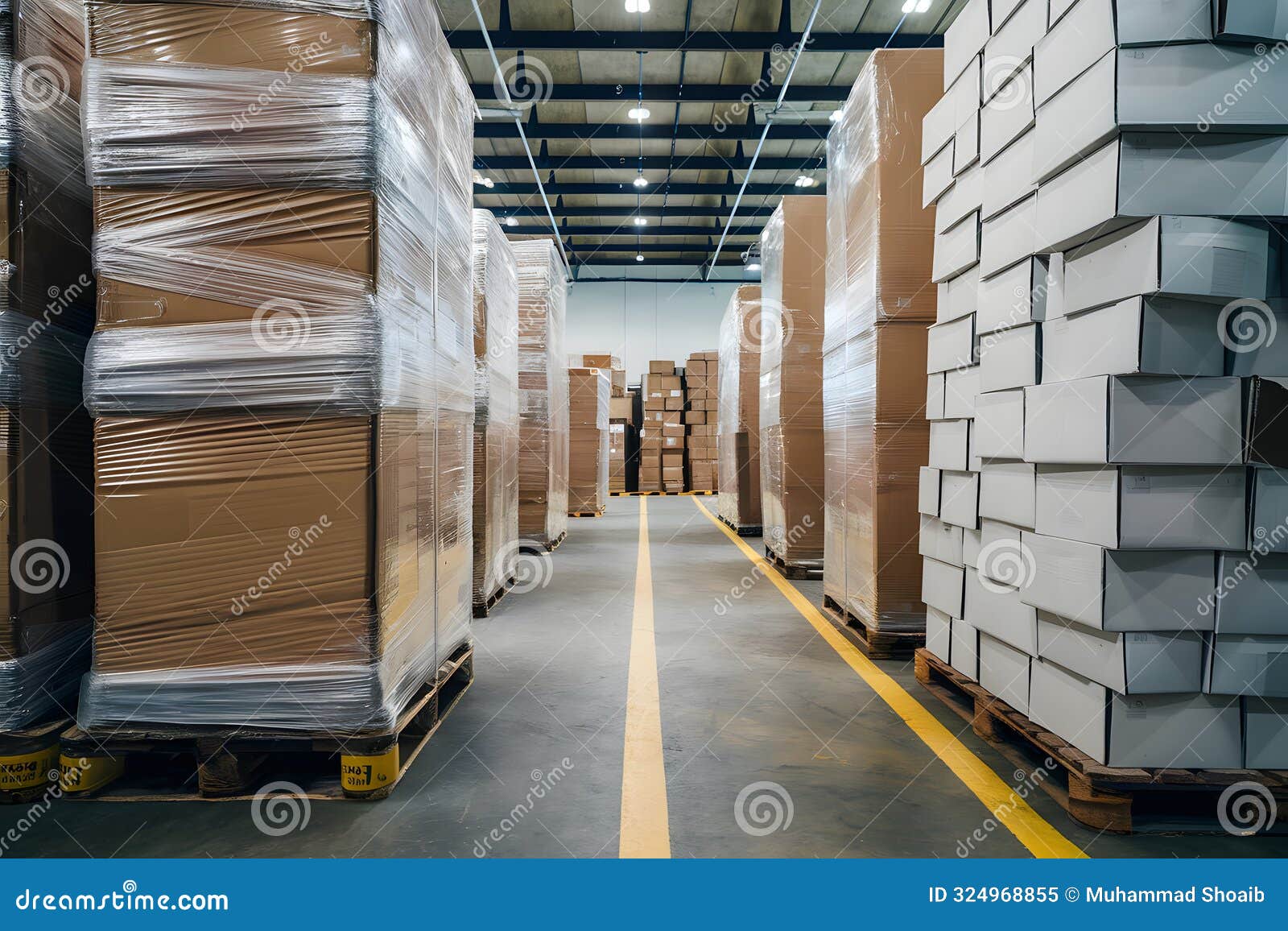 Warehouse with Plastic Wrapped Boxes and Stacks Under High Ceiling ...