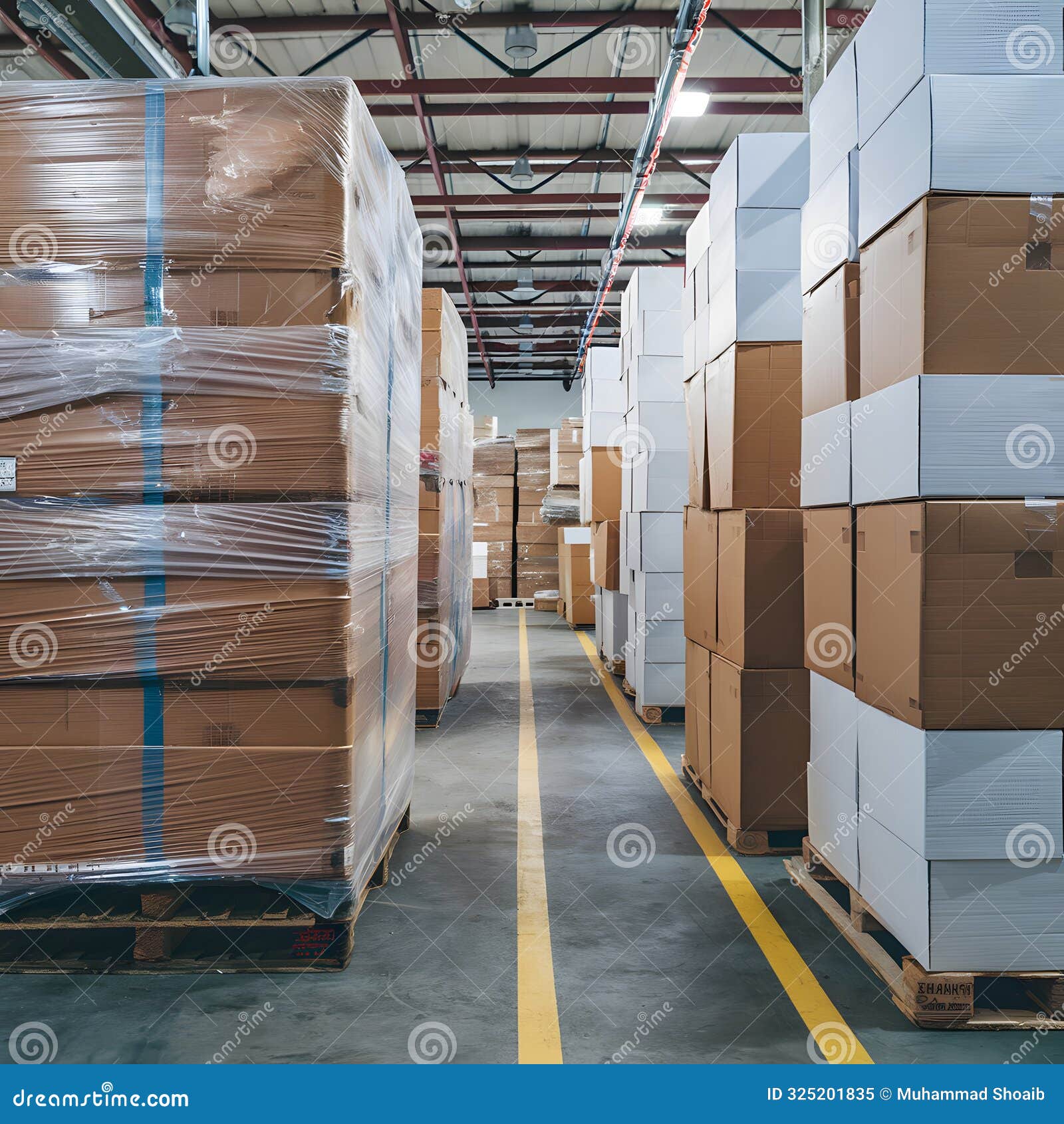 Warehouse with Plastic Wrapped Boxes and Stacks Under High Ceiling ...