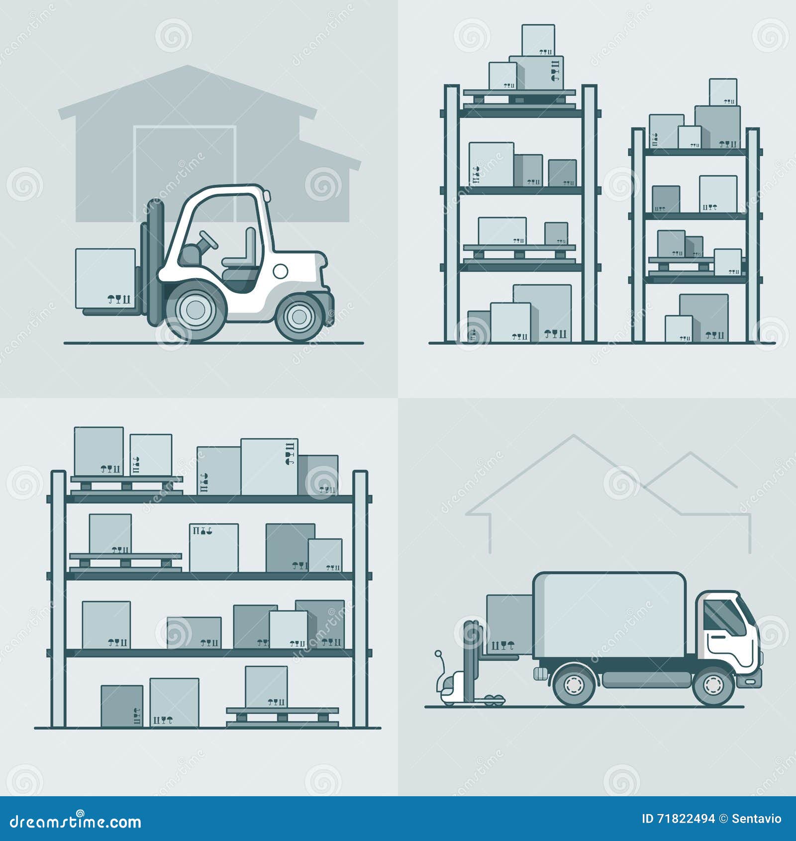 Warehouse Rack Shelving Loader Box Loading Van Set Stock Vector ...