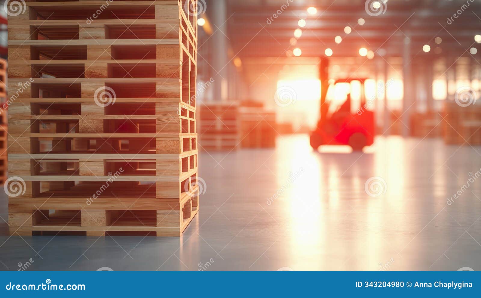 Warehouse Rack of Wooden Pallets and a Forklift Loading Pallets Stock ...