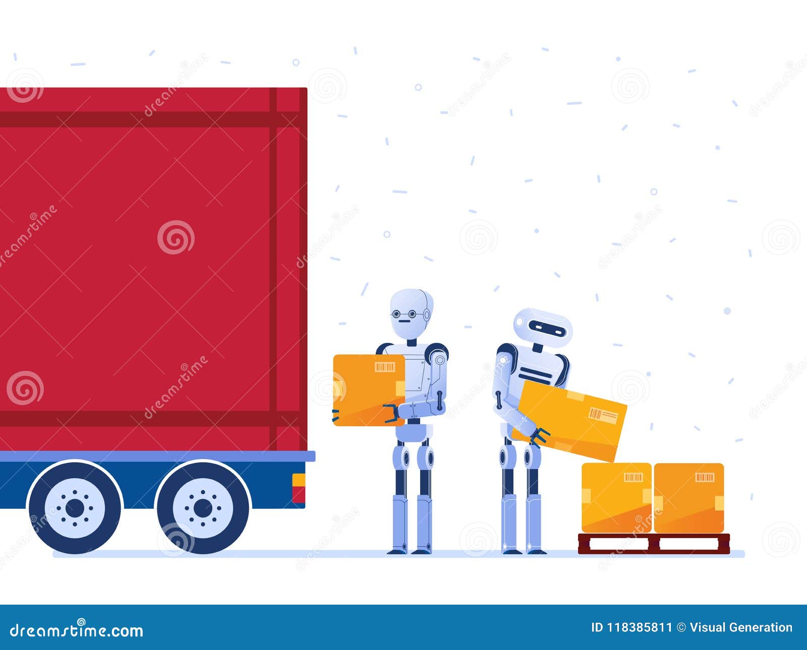 Warehouse Robot Workers Loading Truck With Boxes. Cartoon Vector ...