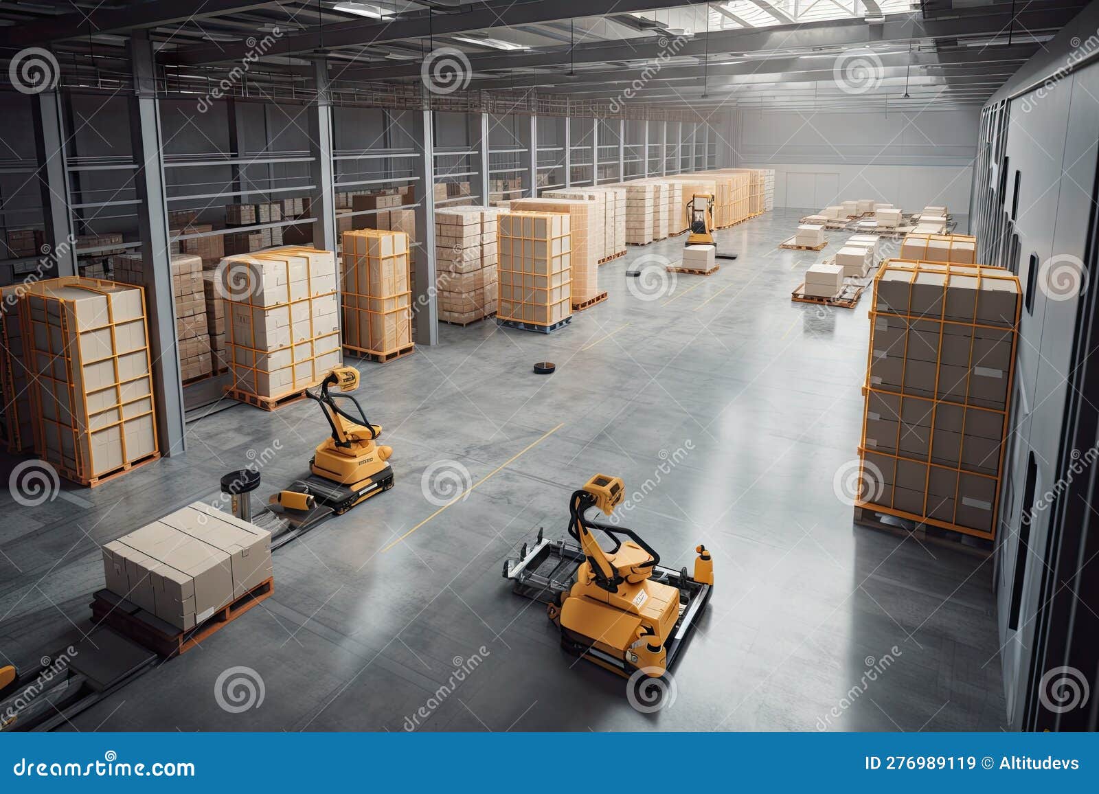 Warehouse, with Robots Moving Goods and Stacking Pallets Stock ...