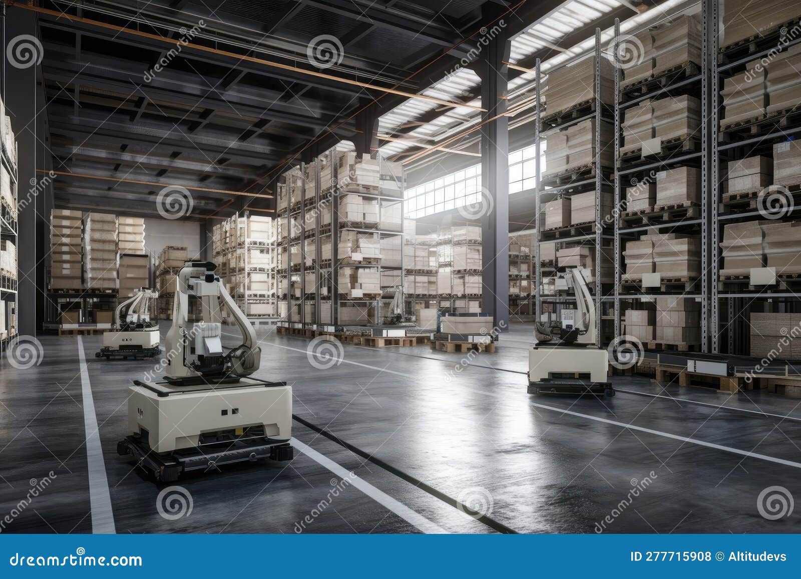 Warehouse, with Robots Moving Goods and Stacking Pallets Stock ...