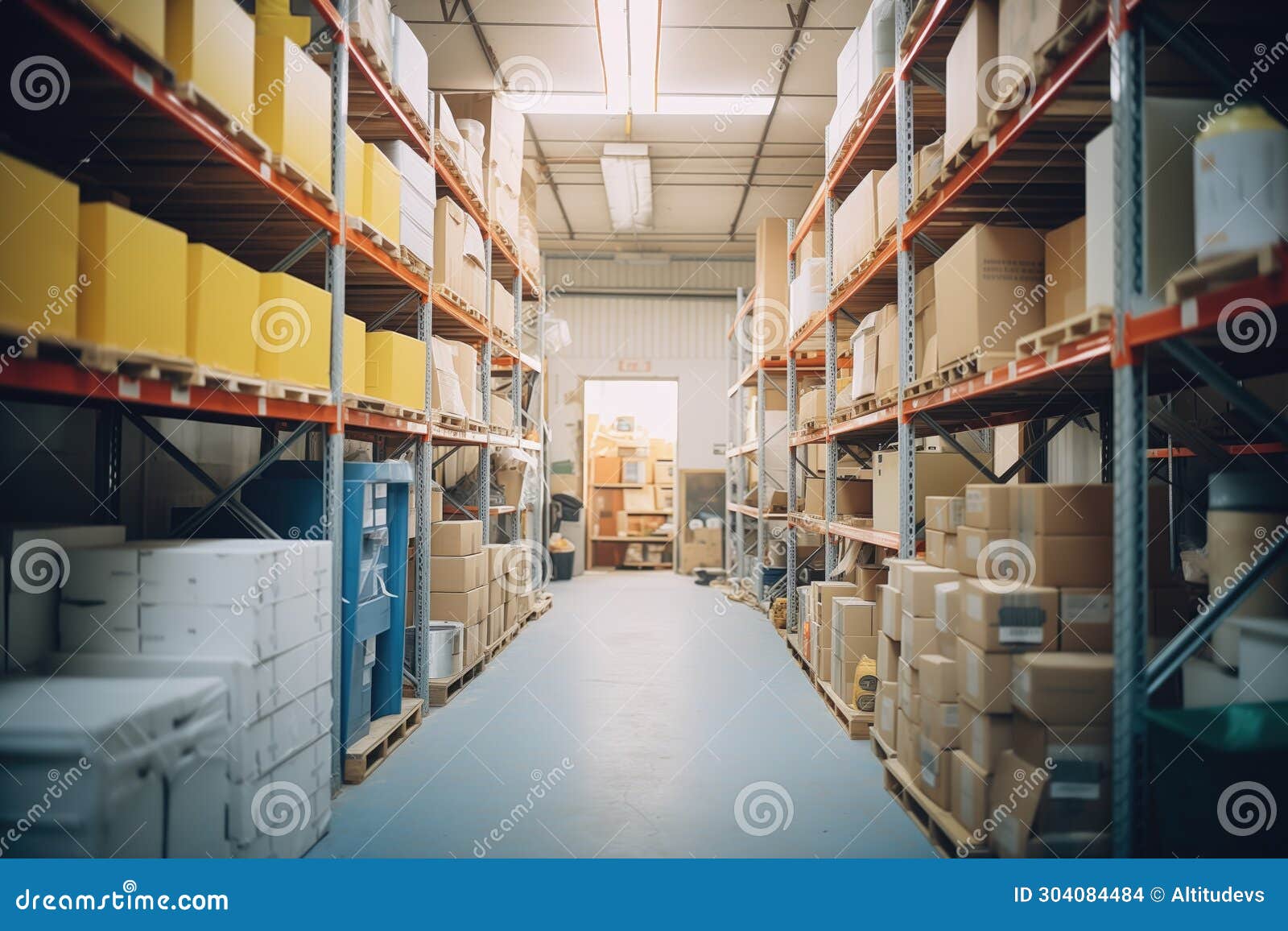 Warehouse with Rows of Stocked Shelves and Boxes Stock Photo - Image of ...
