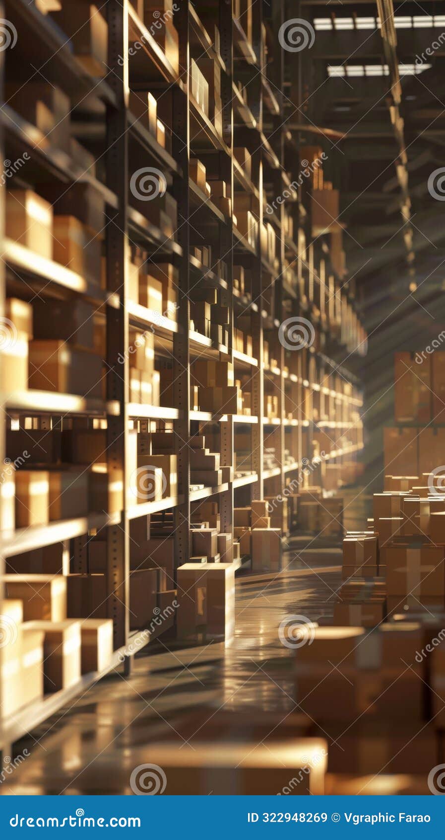 Warehouse with Shelves of Boxes, Warm Sunlight, Perspective View Stock ...