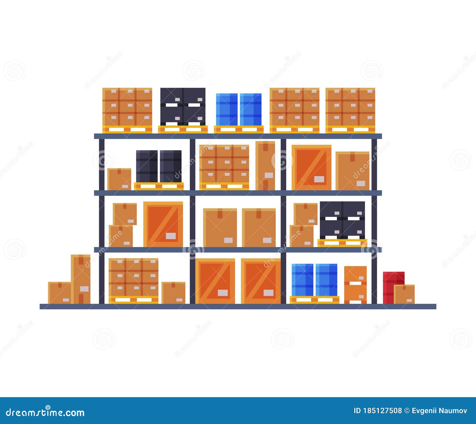 Warehouse Shelves with Cardboard Boxes Flat Style Vector Illustration ...