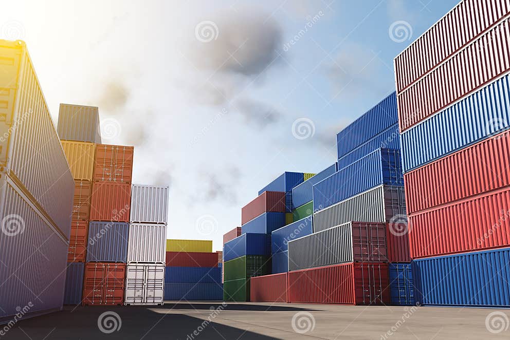 Warehouse of Stacked Cargo Standard Containers for Temporary Storage ...