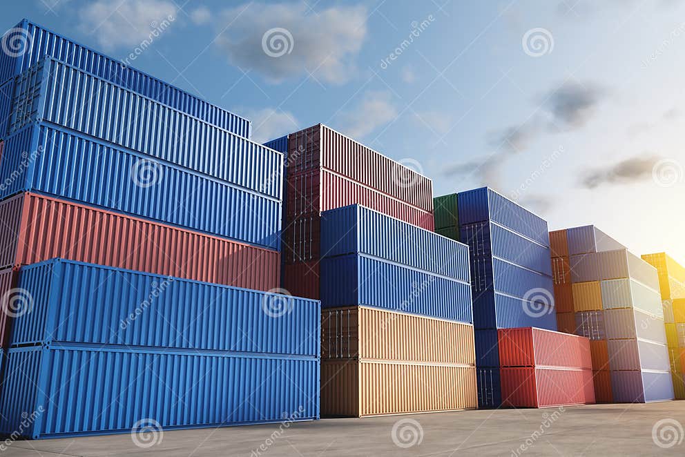 Warehouse of Stacked Cargo Standard Containers for Temporary Storage ...