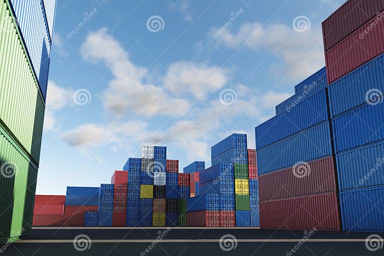 Warehouse of Stacked Cargo Standard Containers for Temporary Storage ...
