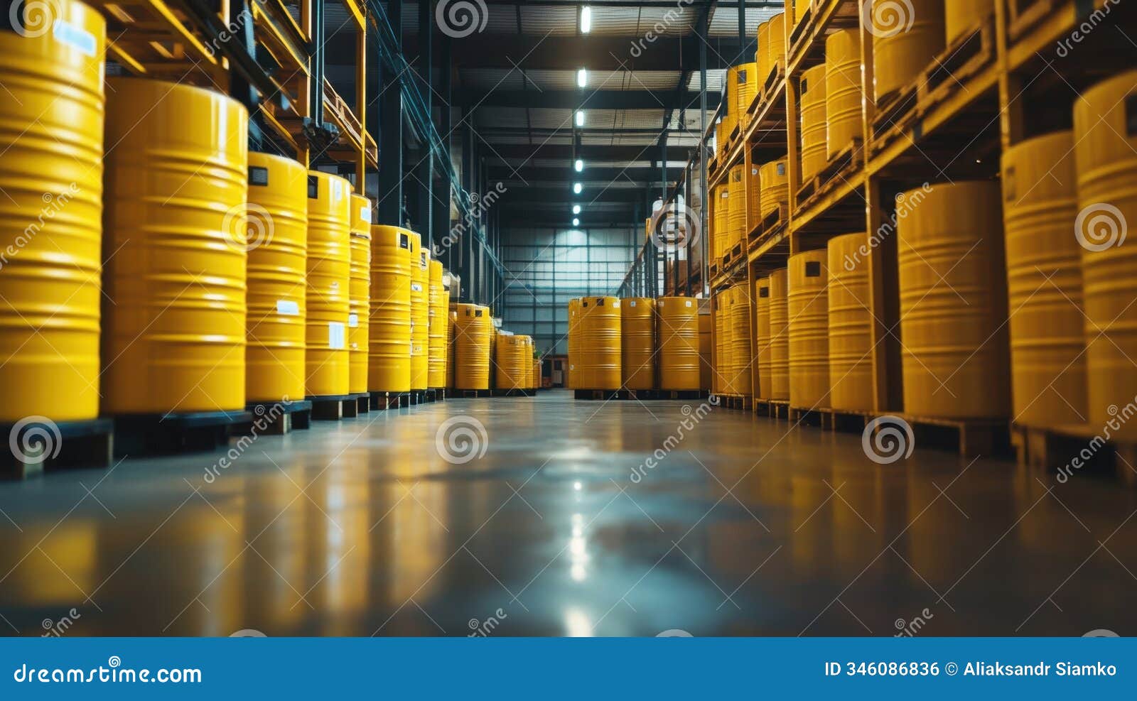 Warehouse with Stacked Yellow Barrels Emphasizing Industrial Safety and ...