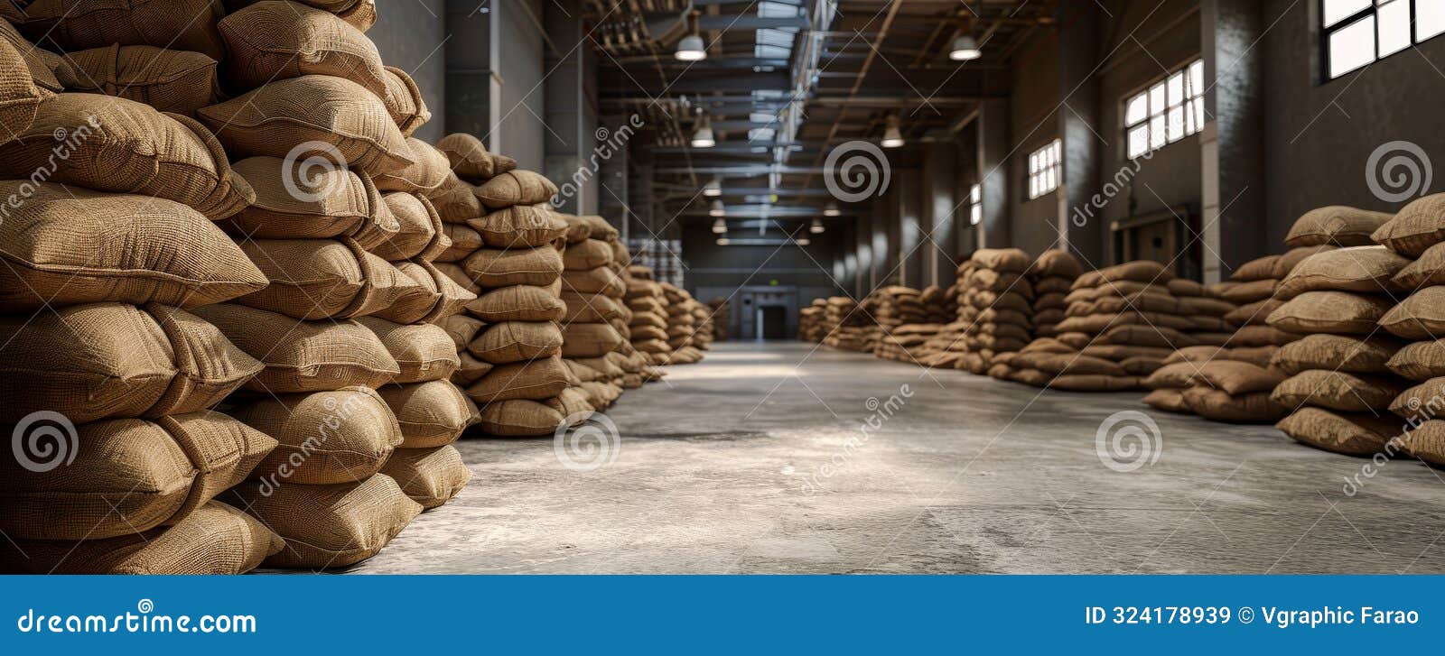 Warehouse with Stacks of Burlap Sacks in an Industrial Setting ...