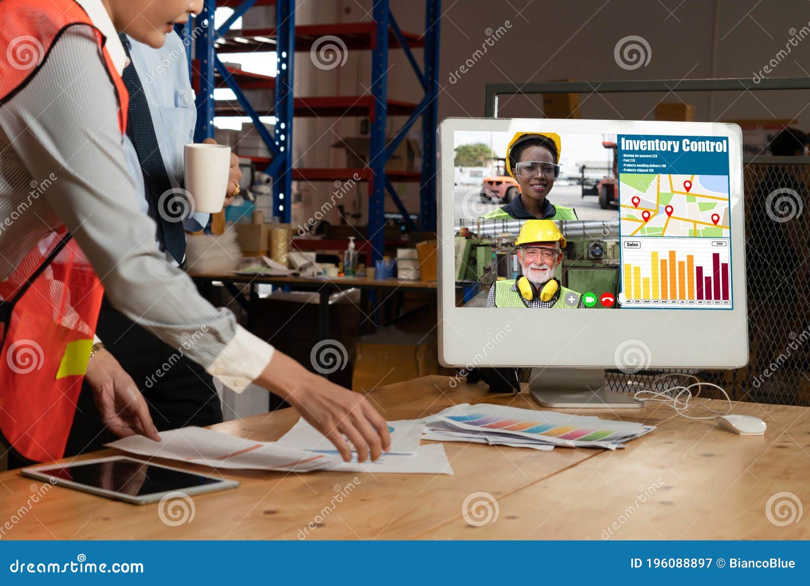 Warehouse Staff Talking on Video Call at Computer Screen in Storage ...