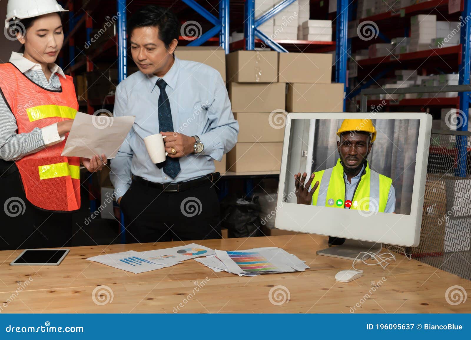 Warehouse Staff Talking on Video Call at Computer Screen in Storage ...