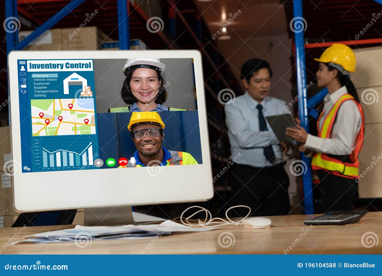 Warehouse Staff Talking on Video Call at Computer Screen in Storage ...