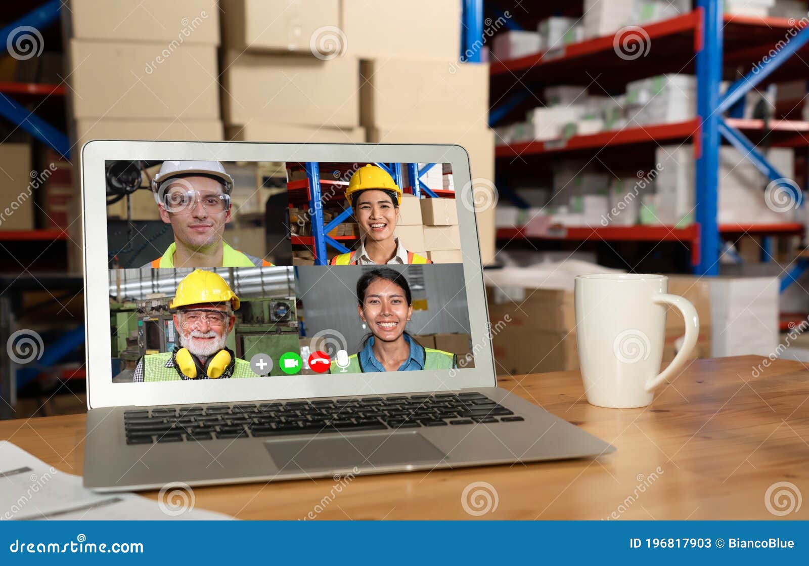 Warehouse Staff Talking on Video Call at Computer Screen in Storage ...