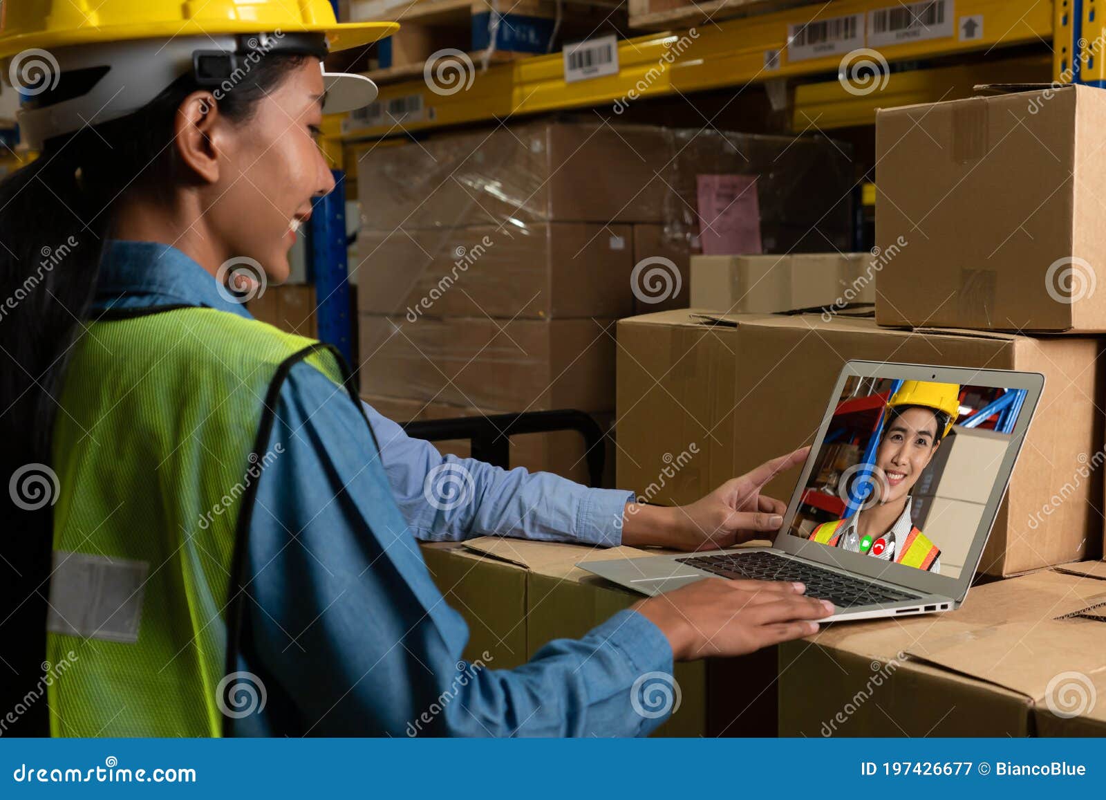 Warehouse Staff Talking on Video Call at Computer Screen in Storage ...