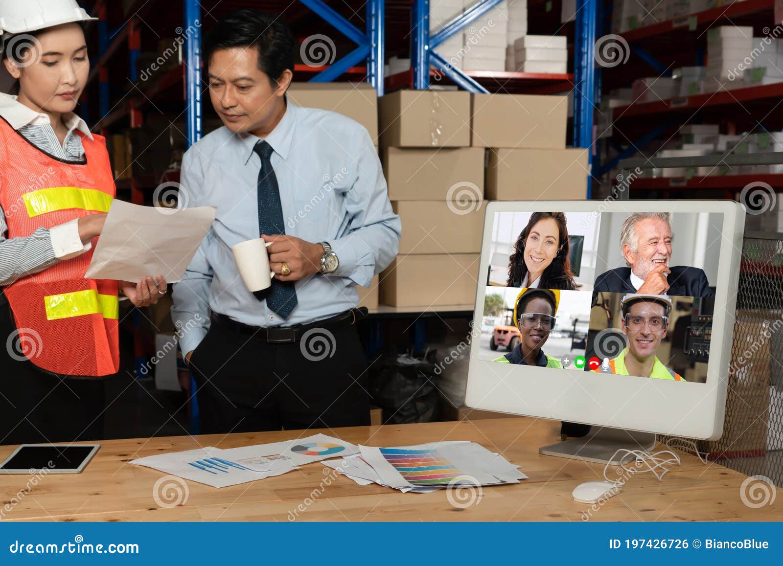 Warehouse Staff Talking on Video Call at Computer Screen in Storage ...