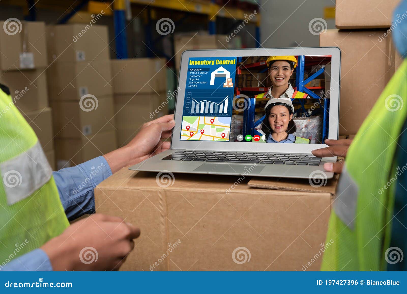Warehouse Staff Talking on Video Call at Computer Screen in Storage ...