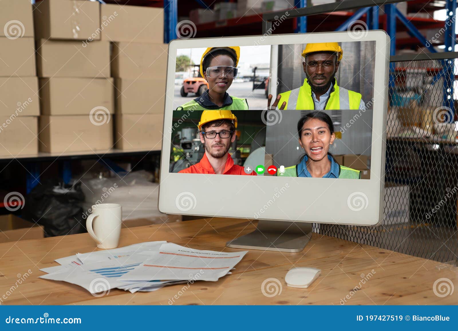 Warehouse Staff Talking on Video Call at Computer Screen in Storage ...