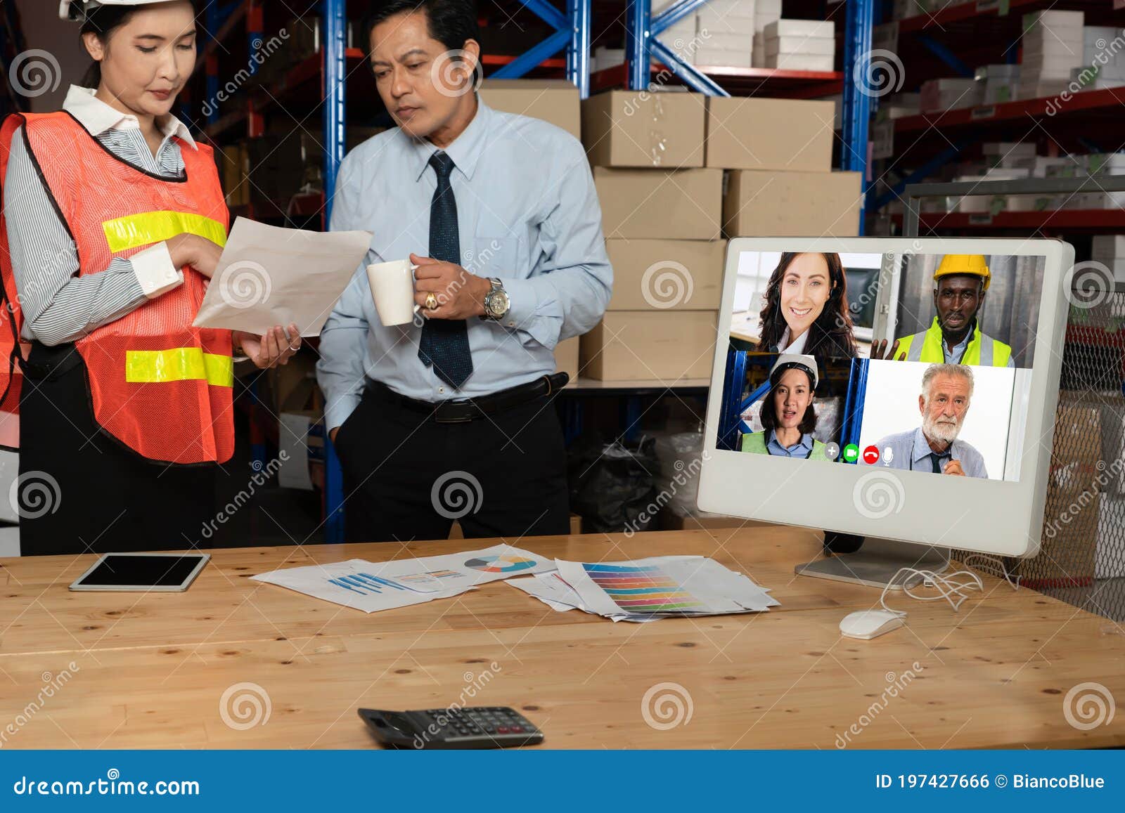 Warehouse Staff Talking on Video Call at Computer Screen in Storage ...