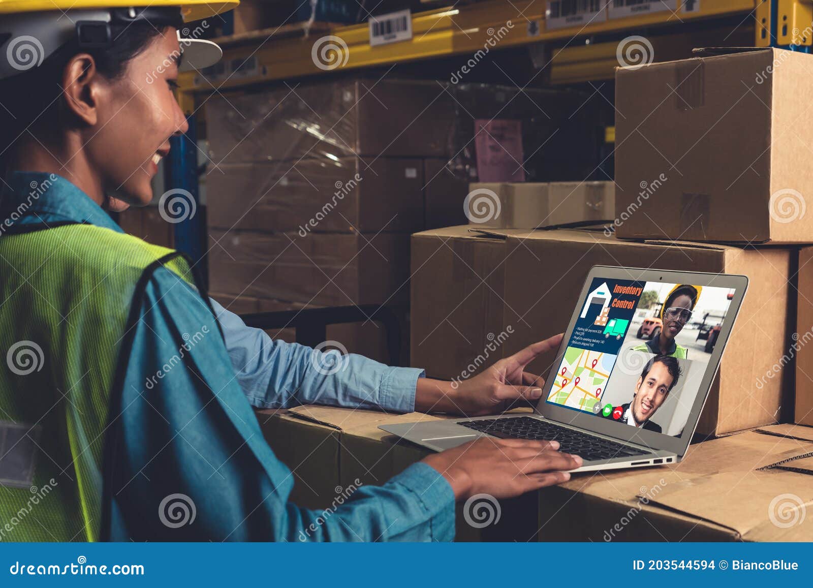 Warehouse Staff Talking on Video Call at Computer Screen in Storage ...