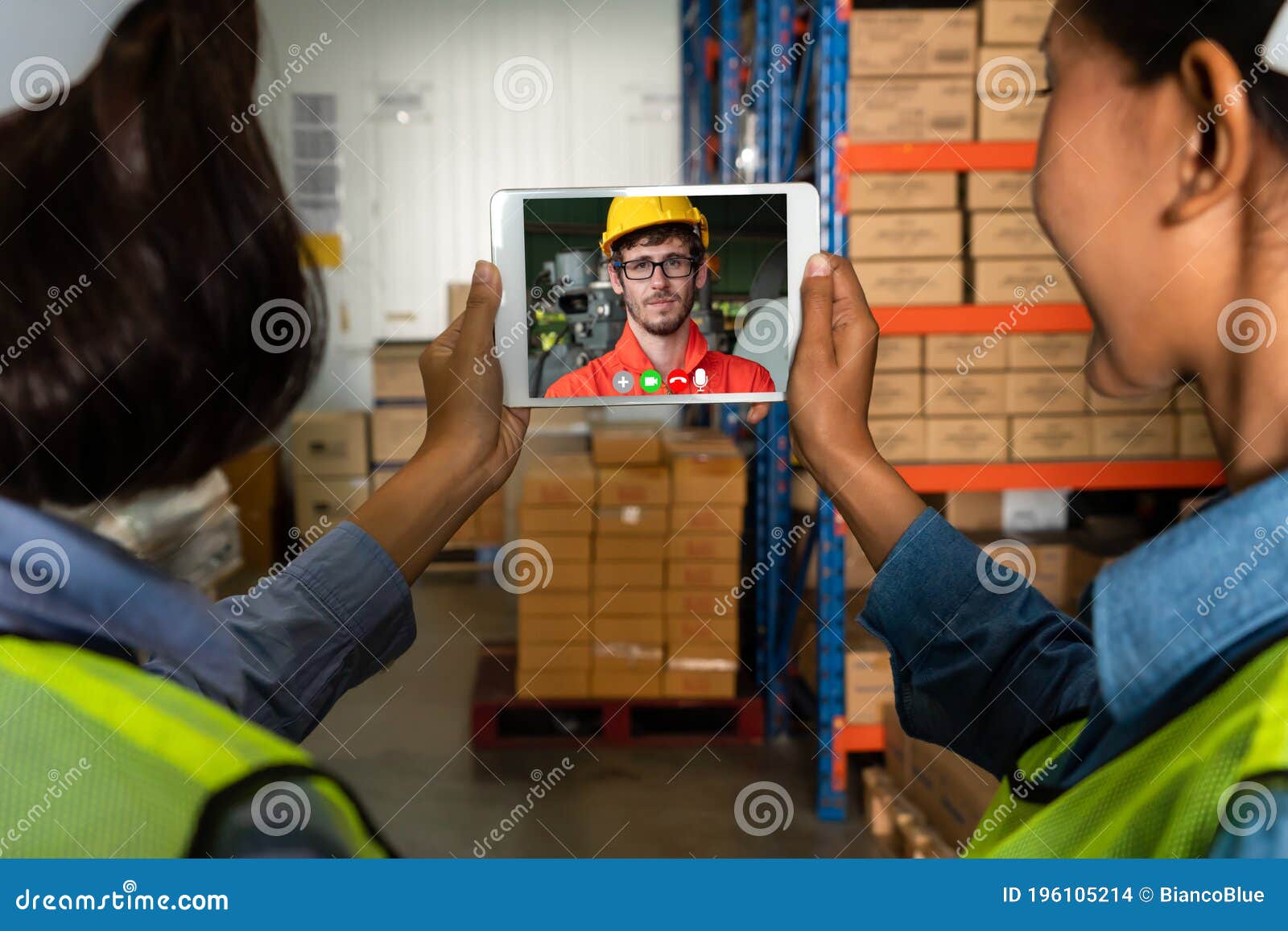 Warehouse Staff Talking on Video Call at Computer Screen in Storage ...