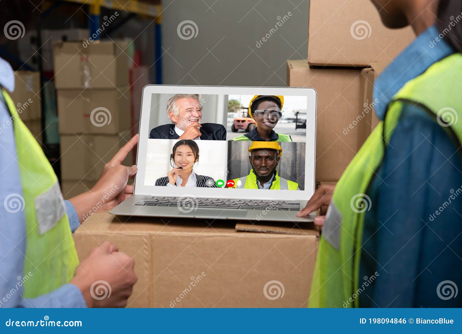 Warehouse Staff Talking on Video Call at Computer Screen in Storage ...